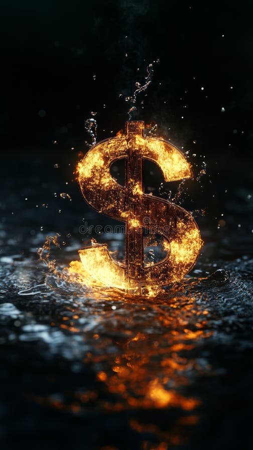 Burning Dollar Sign Emerging from Water with Fire and Smoke Stock Image ...