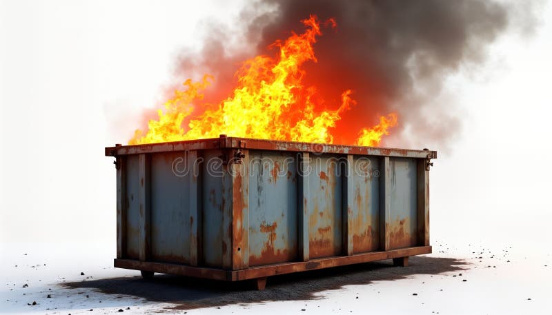 Burning Dumpster Isolated on White Background. Flames, Smoke Rising ...