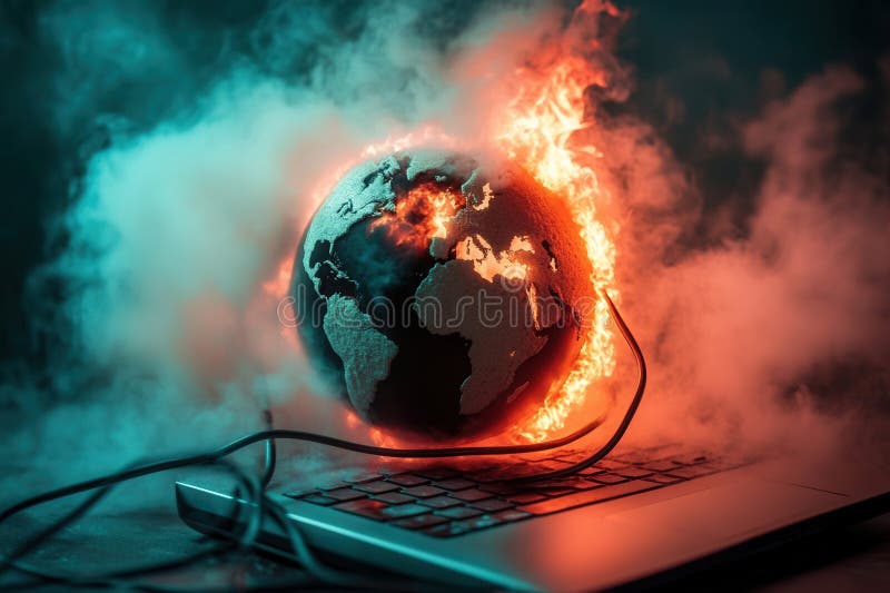 Burning Earth Globe on Laptop Symbolizing Global Warming and Internet ...