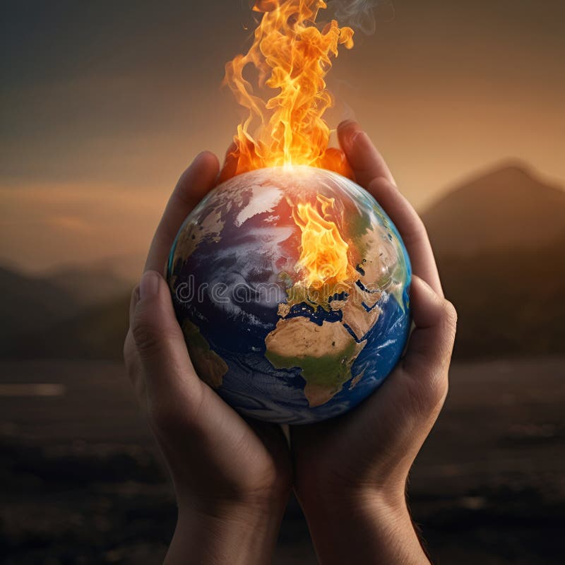 Globe Burning on Human Hand, Hand Holding Earth with Fire, Global ...