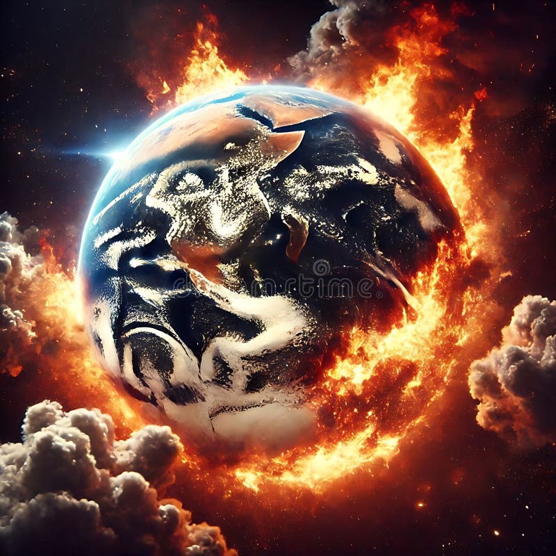 A Burning Earth is Surrounded by Fire and Clouds. Stock Photo - Image ...