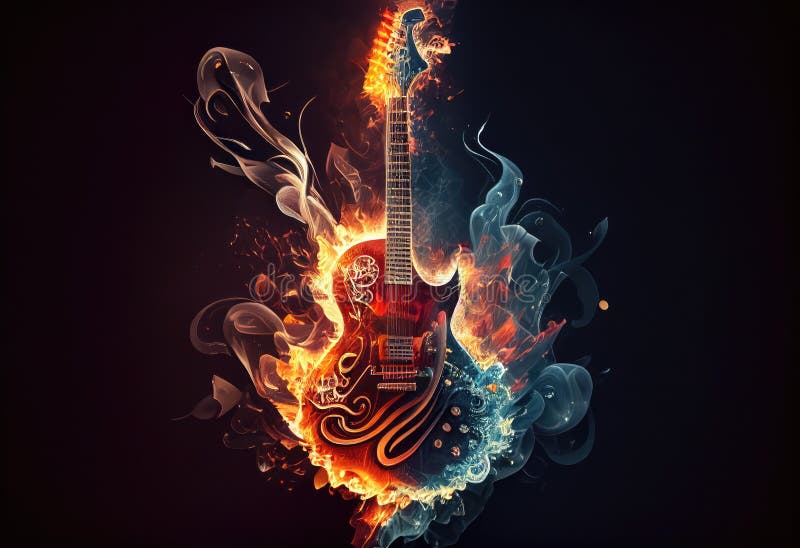Burning Electric Guitar on Fire, Black Background. Generative AI Stock ...