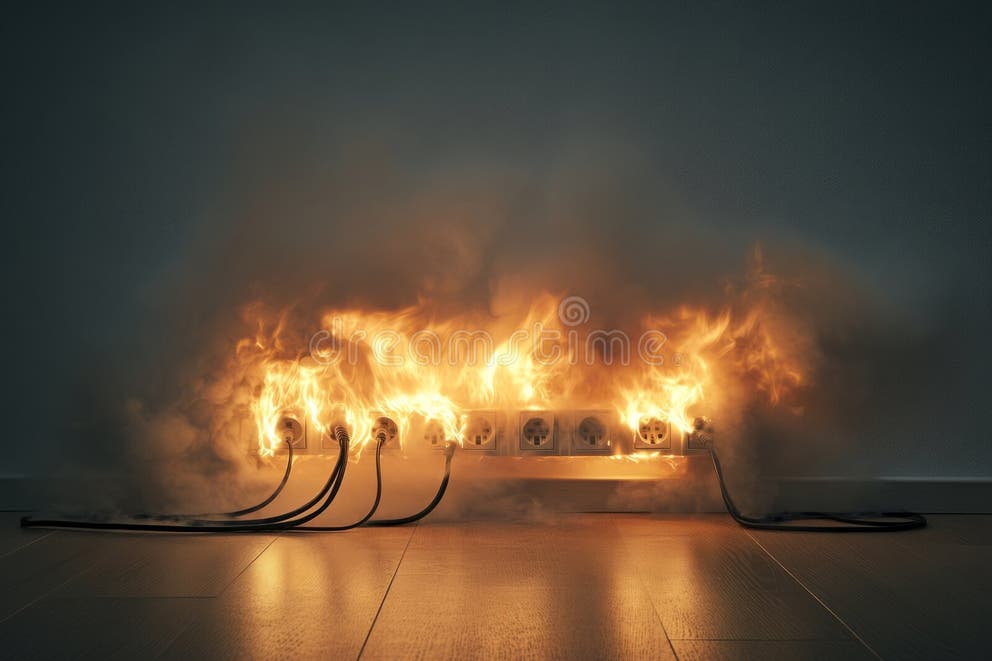 Burning Electrical Outlet with Cables and Smoke, Causing a Fire Hazard ...