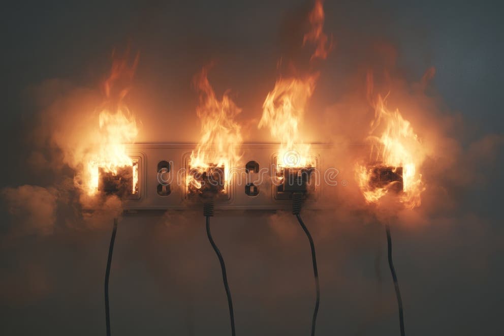 Burning Electrical Outlet Creating a Fire Hazard, Emphasizing ...