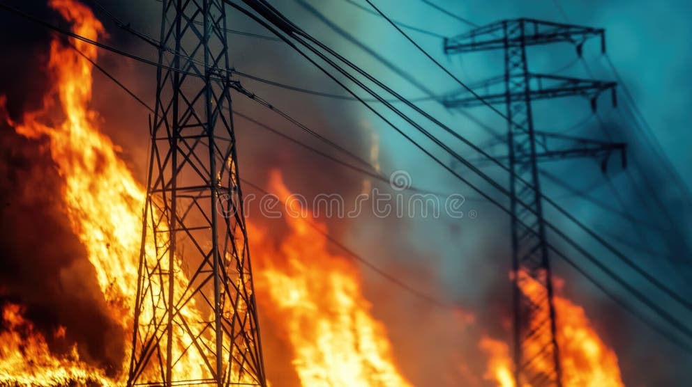 A Burning Electrical Power Line Scene with Flames and Smoke Stock Image ...