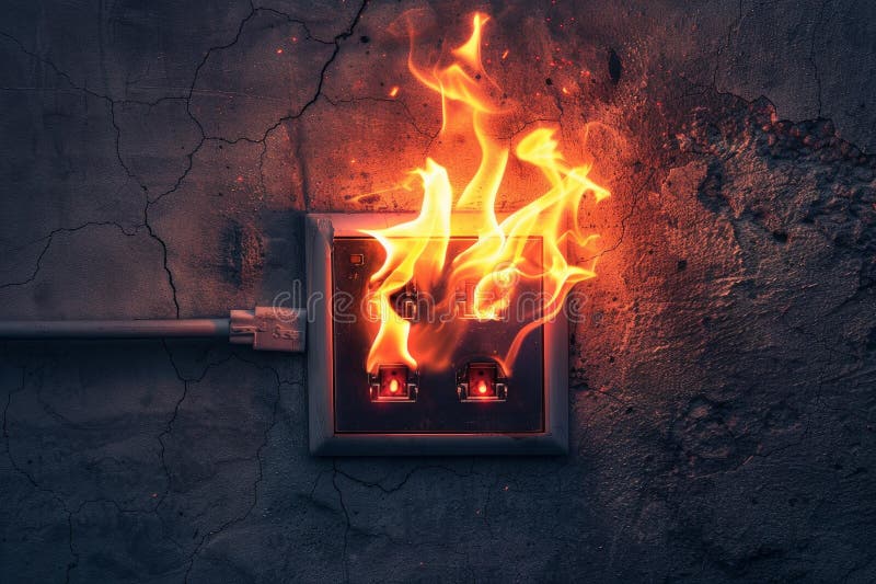 Burning Electrical Socket on Concrete Wall Causing Fire Stock Photo ...