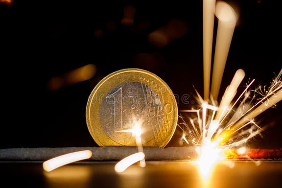 Burning Euro Coin with Fireworks Stock Photo - Image of symbol, gold ...