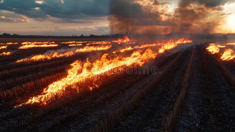 Burning Farm Field at Sunset. Stock Image - Image of agriculture ...