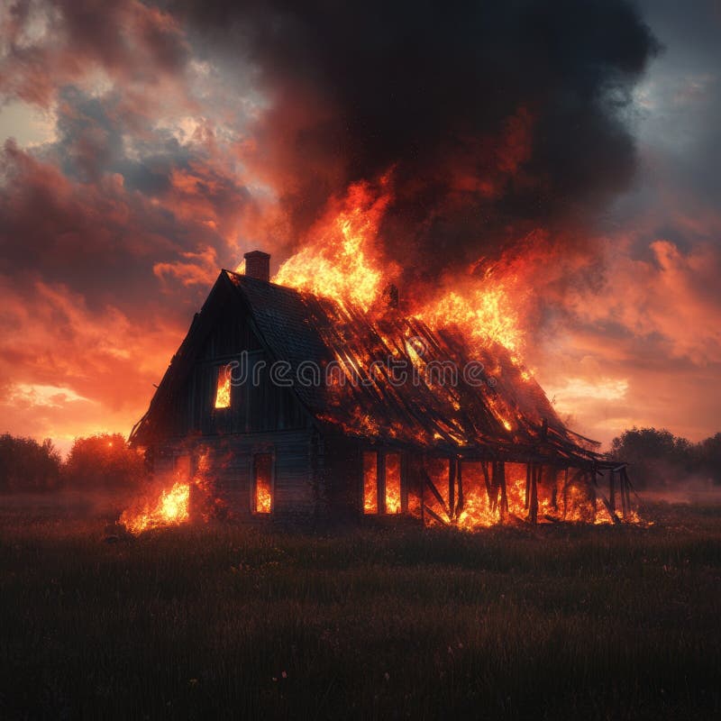 A Burning Farmhouse with Flames Spreading through the Roof Stock Photo ...