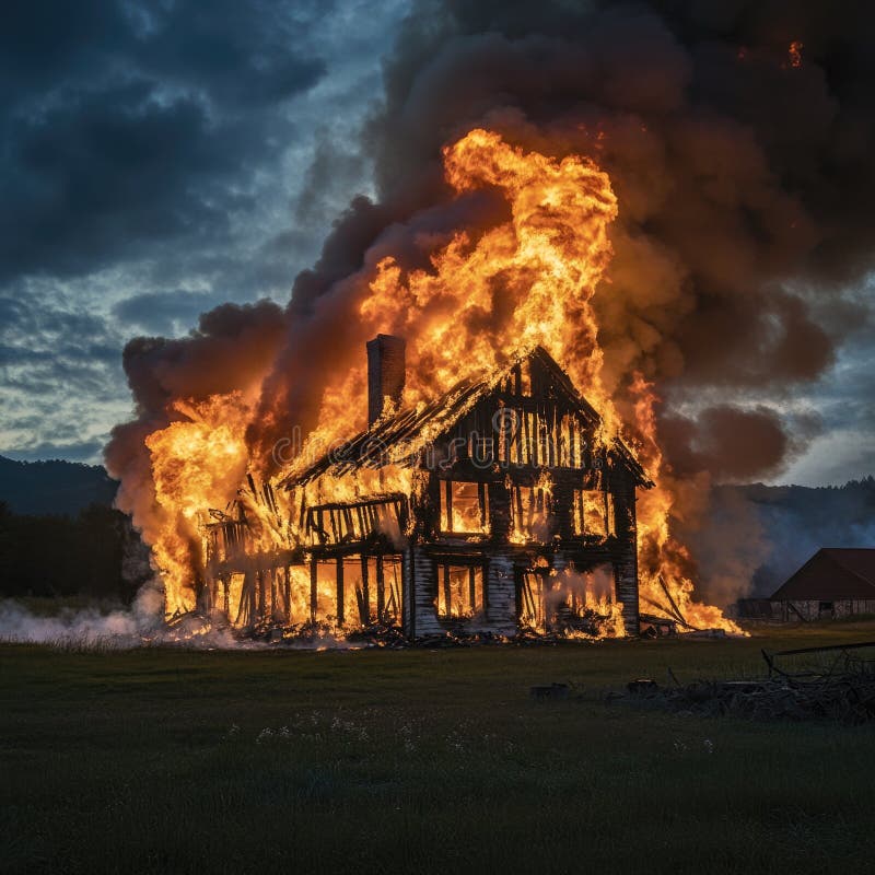 A Burning Farmhouse with Flames Spreading through the Roof Stock Image ...