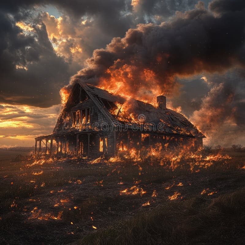 A Burning Farmhouse with Flames Spreading through the Roof Stock Photo ...