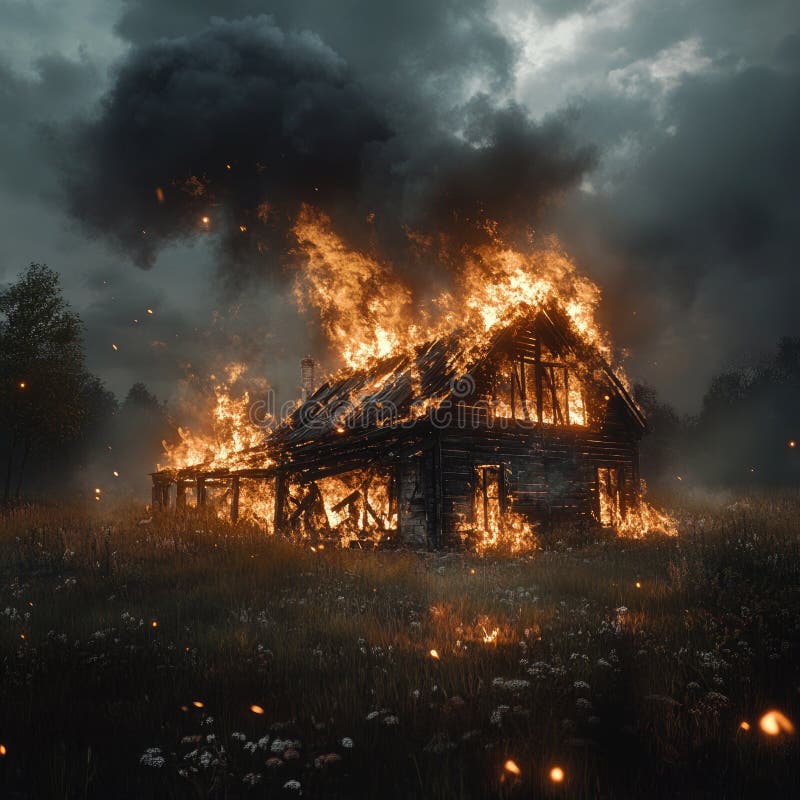 A Burning Farmhouse with Flames Spreading through the Roof Stock Image ...