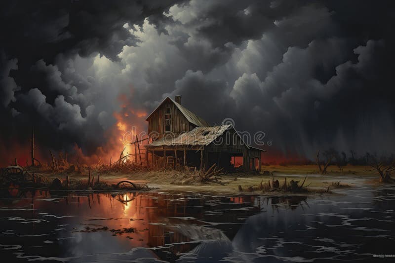 Burning Field Behind an Old Barn, AI Generated Stock Illustration ...