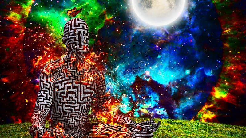 Burning Figure of Man with Maze Pattern in Lotus Pose. Vivid Universe ...