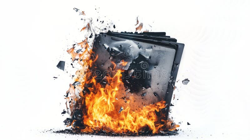 Burning File Folder Dissolving into Pixel Ashes, Abstract Digital ...