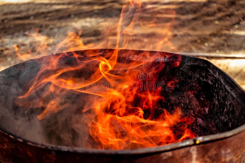 Burning Fire in a Barrel Close-up. Bright Flame. Open Flame Heating ...