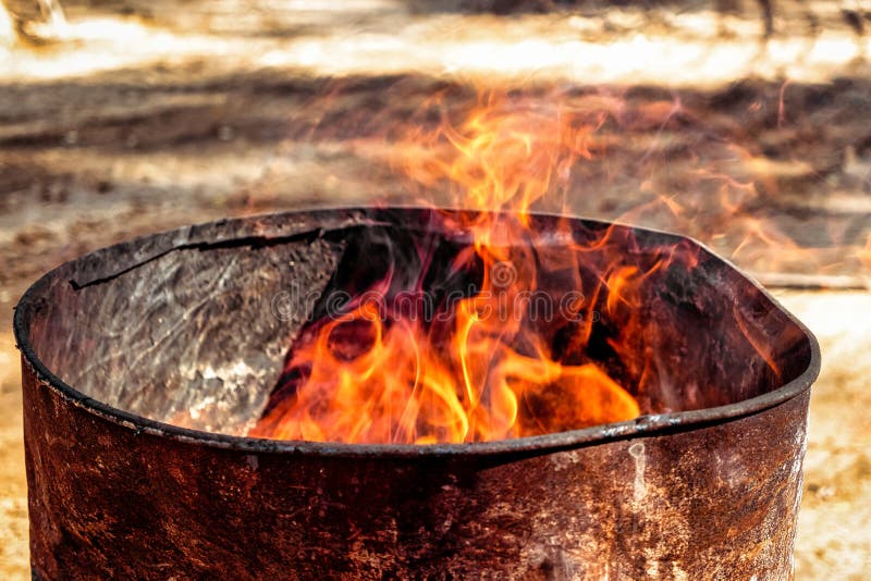 Burning Fire in a Barrel Close-up. Bright Flame. Open Flame Heating ...