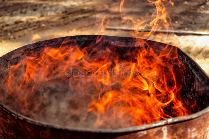 Burning Fire in a Barrel Close-up. Bright Flame. Open Flame Heating ...