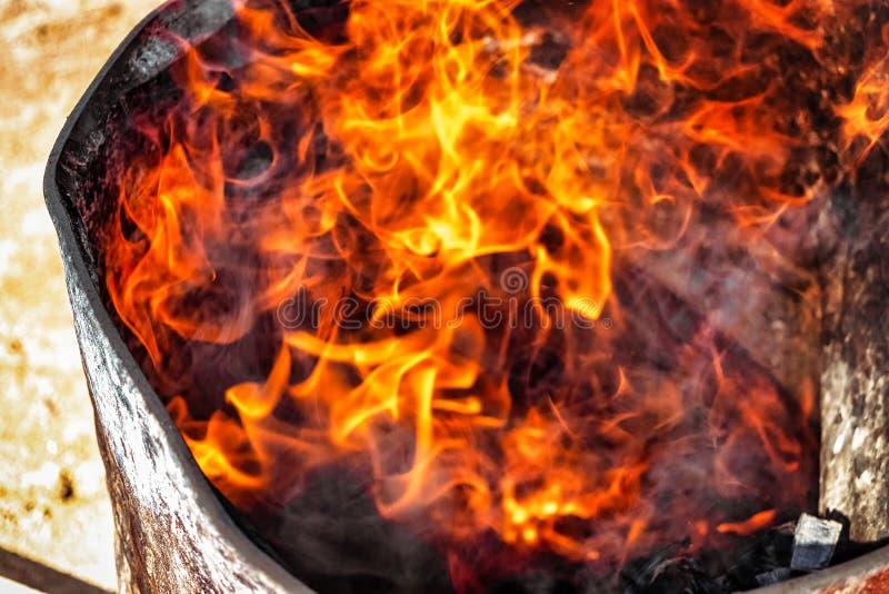 Burning Fire in a Barrel Close-up. Bright Flame. Open Flame Heating ...