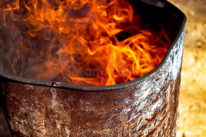 Burning Fire in a Barrel Close-up. Bright Flame. Open Flame Heating ...