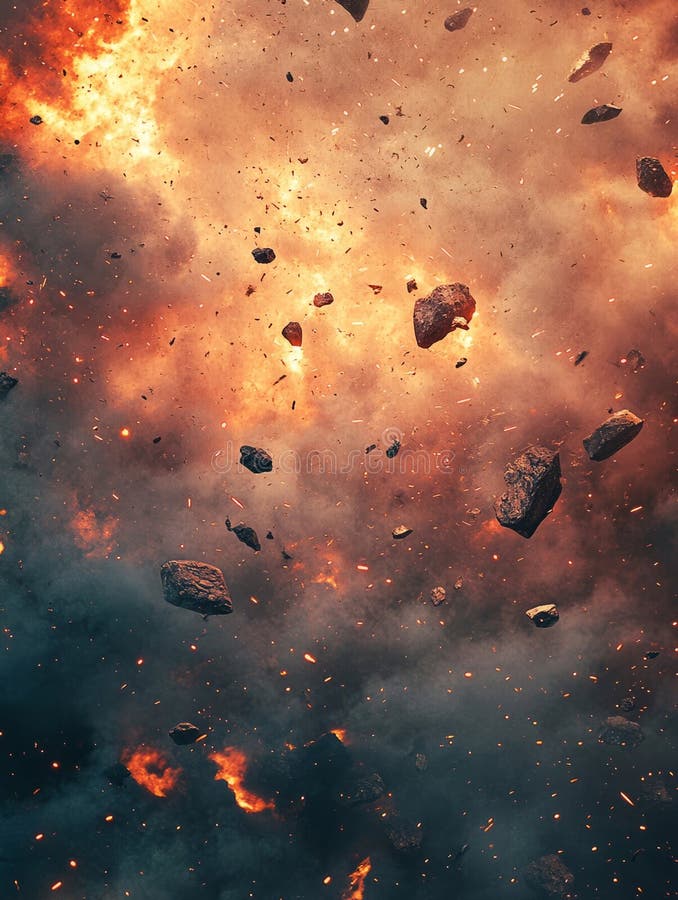 Burning Fire Blasting Exploding Rocks and Smoke in the Air Stock ...