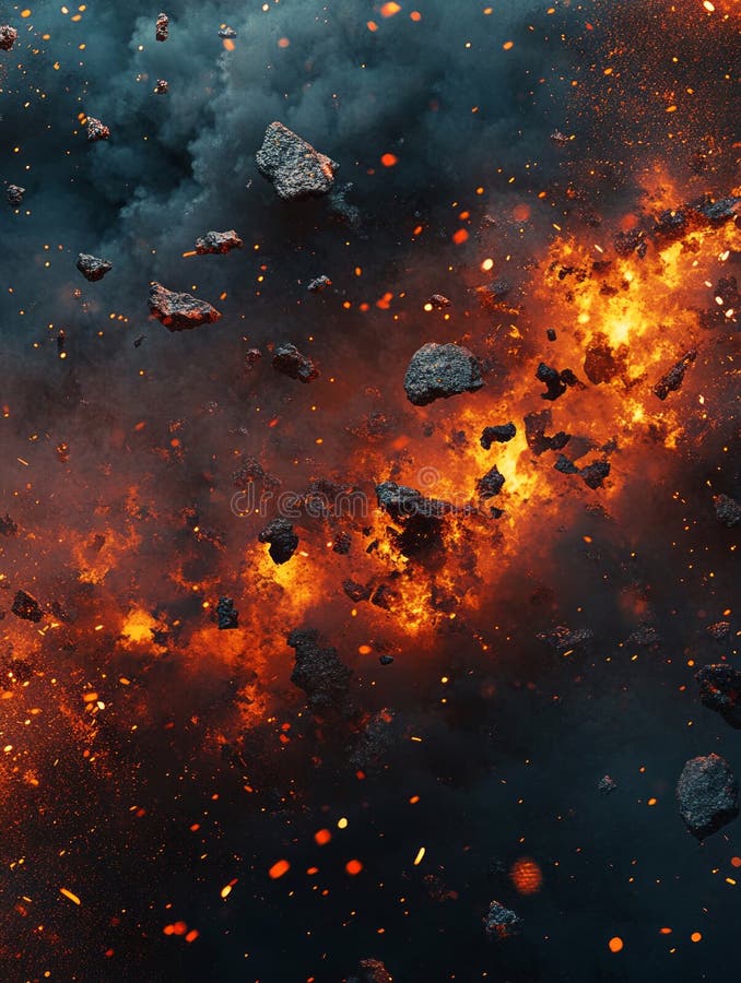 Burning Fire Blasting Exploding Rocks and Smoke in the Air Stock ...