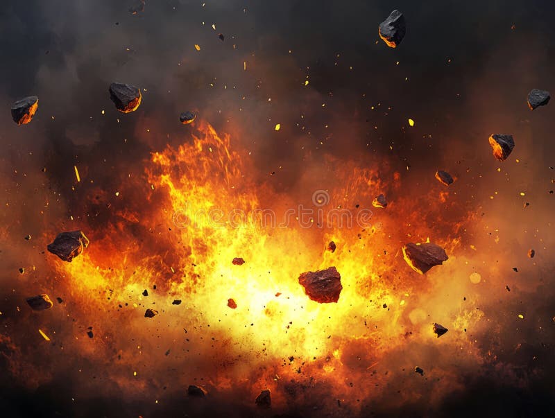 Burning Fire Blasting Exploding Rocks and Smoke in the Air Stock ...
