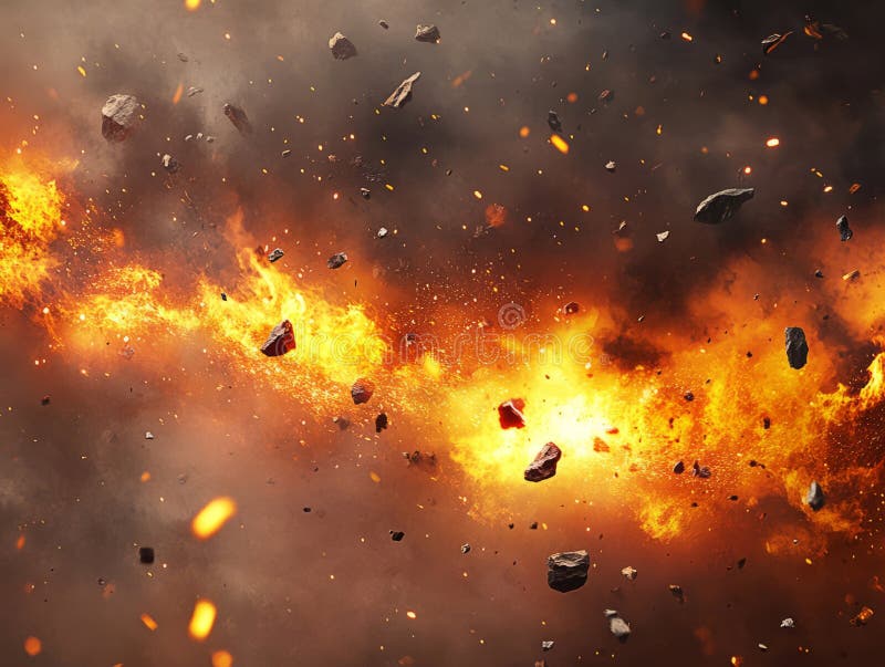 Burning Fire Blasting Exploding Rocks and Smoke in the Air Stock ...