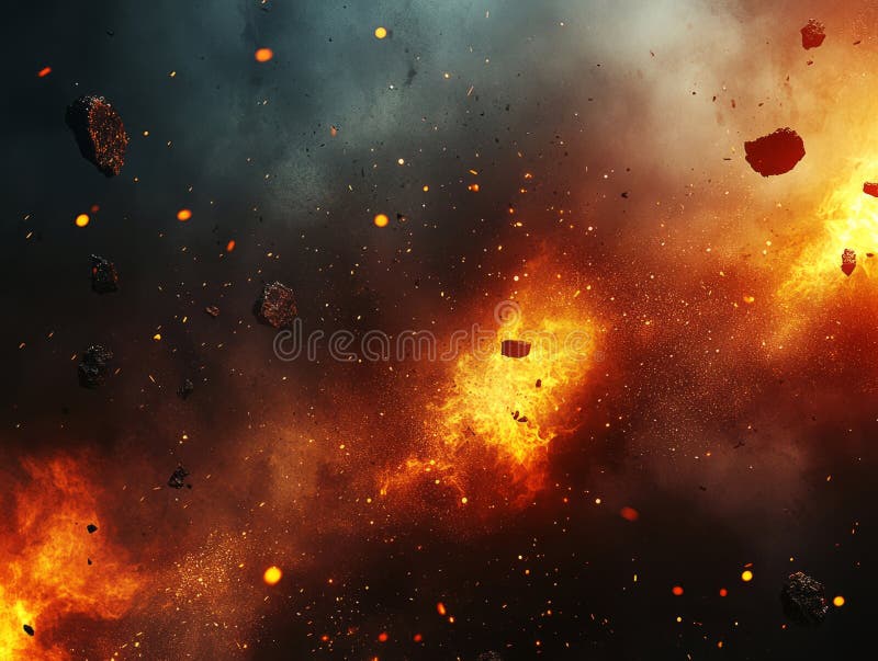 Burning Fire Blasting Exploding Rocks and Smoke in the Air Stock ...