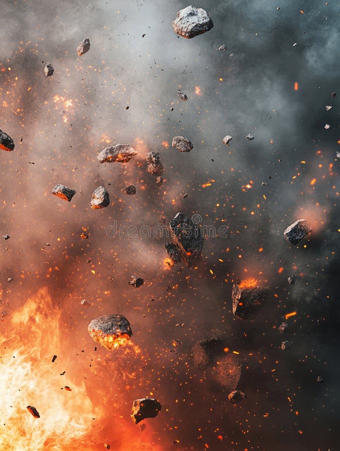 Burning Fire Blasting Exploding Rocks and Smoke in the Air Stock ...