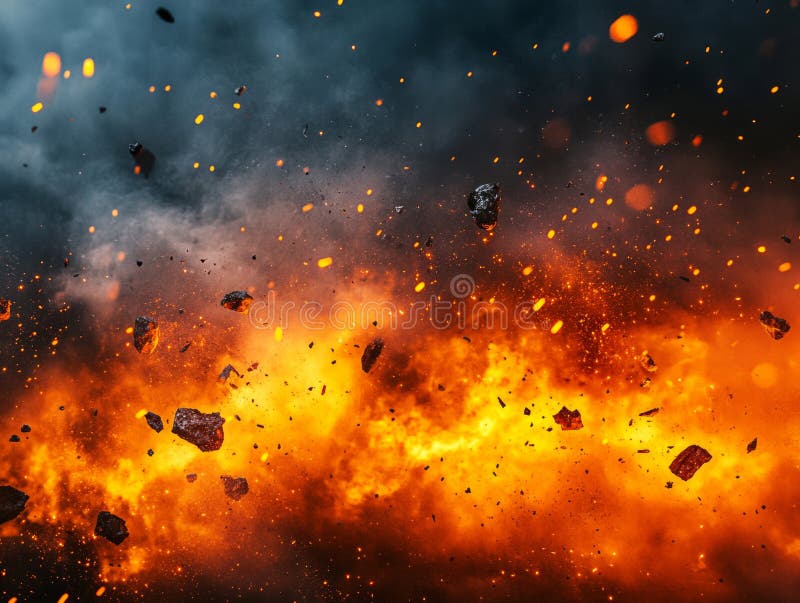 Burning Fire Blasting Exploding Rocks and Smoke in the Air Stock ...