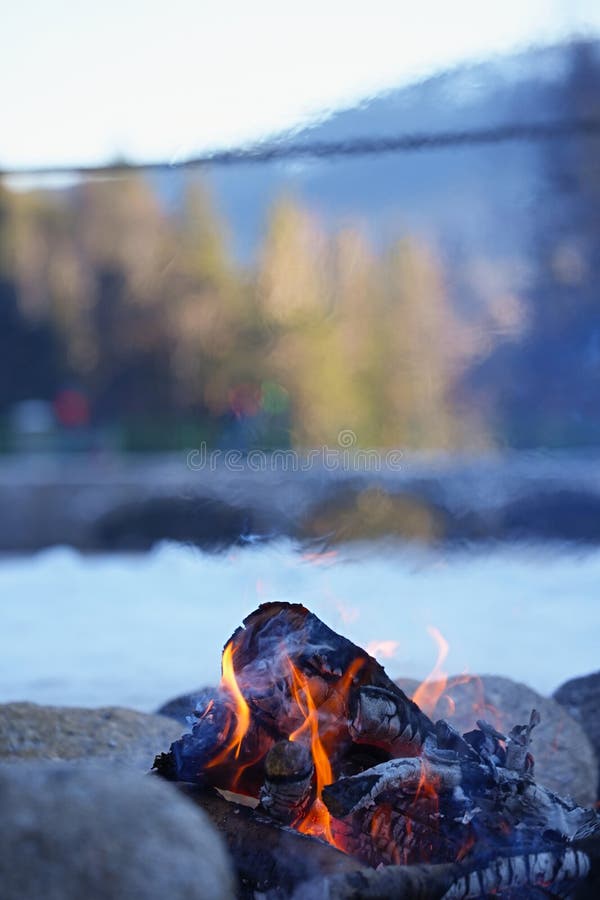 Burning Fire Bonfire in Winter Snowy Day Against the Backdrop of ...