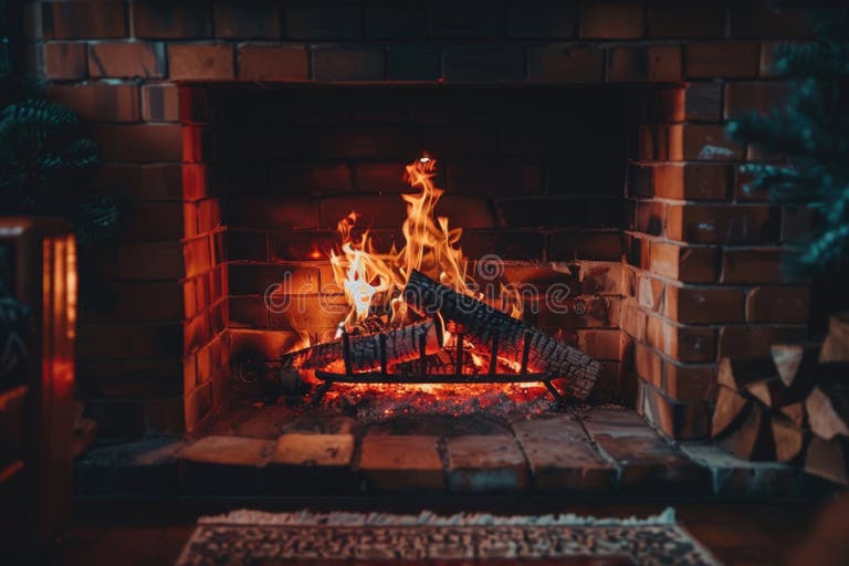 A Burning Fire in a Brick Fireplace Surrounded by Logs Stock Photo ...
