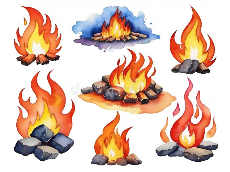 Fire Collection Set of Flame Burning Isolated on Dark Background for ...