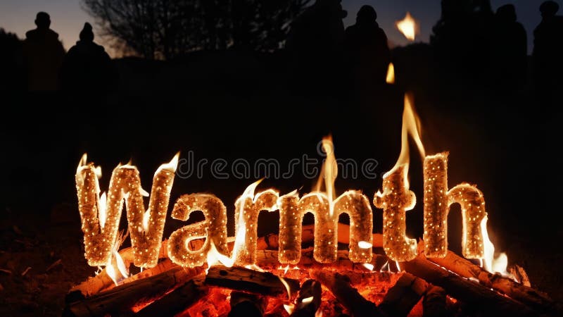 Burning Fire Creating Warmth Word with Silhouettes Watching Stock ...