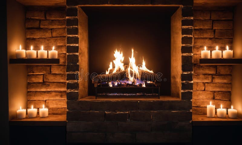 Burning Fire in the Fireplace. Fireplace in the Night. Stock Photo ...