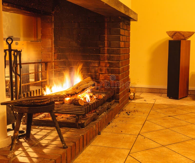 Burning fire in fireplace. stock photo. Image of bright - 67348800