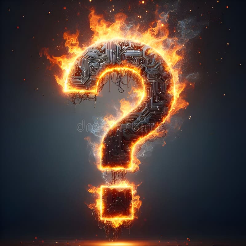 Burning Fire Flames Digital Electronic Question Mark on Dark Background ...