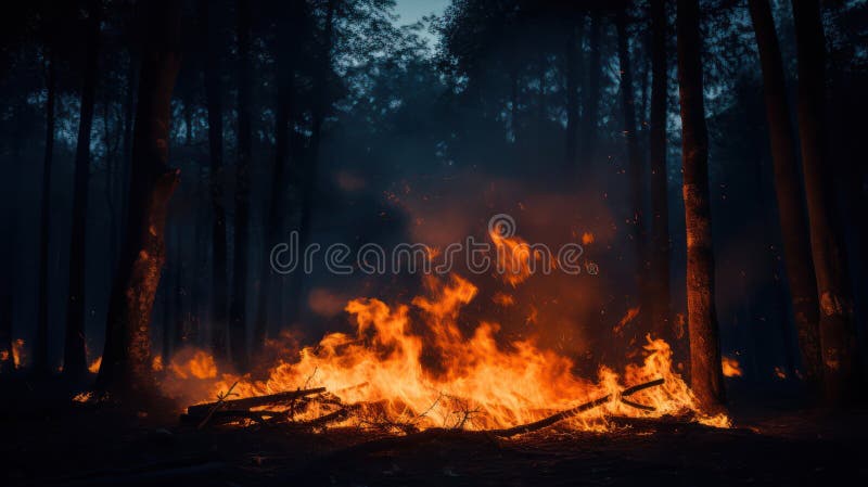 Burning Fire in Forest at Night AI Generated Stock Illustration ...