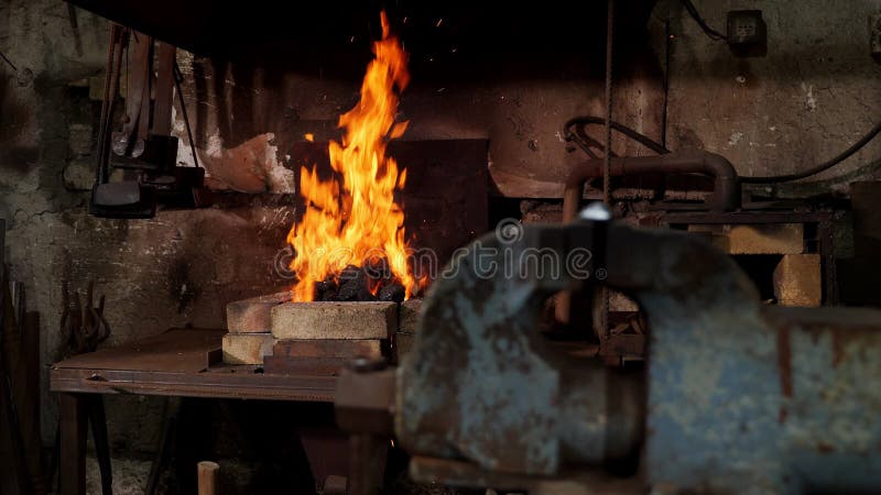 Burning Fire in Furnace at Forge, Workshop. Blacksmith Equipment ...