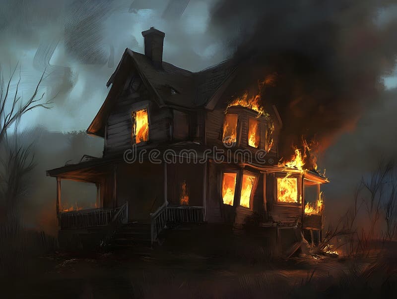 Burning Fire House Burn Down Building. Flame Emergency Stock ...