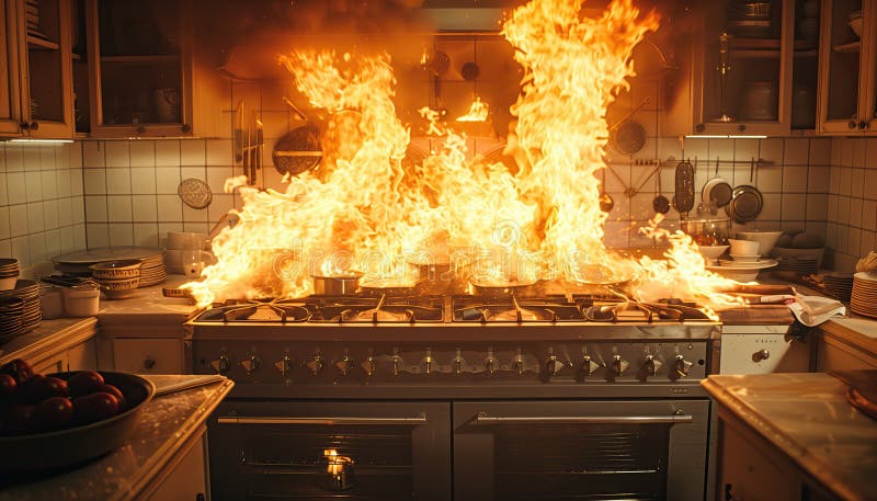 Burning Fire in the Kitchen. Fire in the Kitchen at Night Stock ...