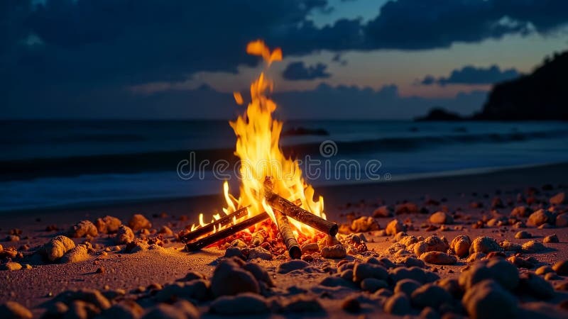 Burning Fire at Night on Sandy Beach Stock Video - Video of camp, light ...