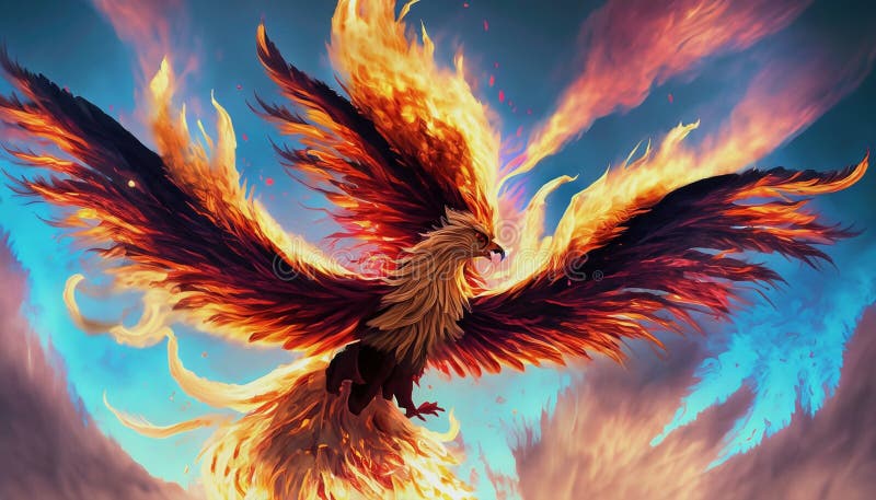 Burning Fire Phoenix between Clouds Stock Illustration - Illustration ...