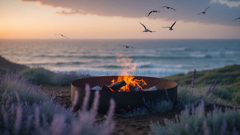 Romantic Sunset Bonfire by the Ocean with Lavender Stock Illustration ...