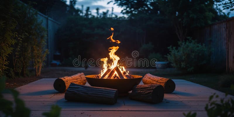Burning Fire Pit with Wood in Backyard Garden at Dusk Stock Photo ...