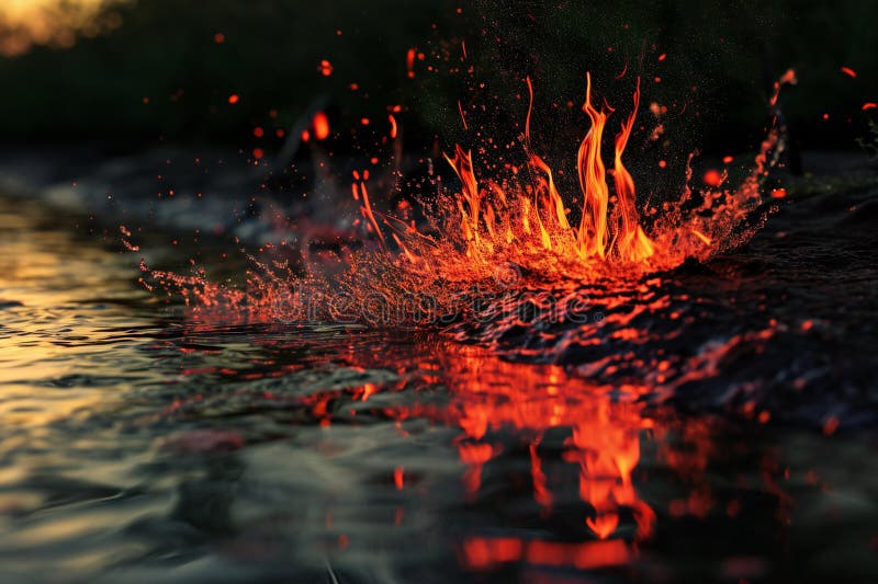 Burning Fire in the River, Fire in the River at Sunset Stock ...