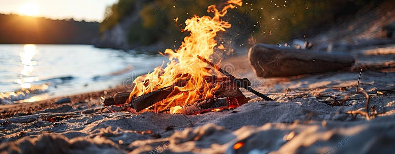 Burning Fire in Sand, Campfire by the River Stock Image - Image of ...