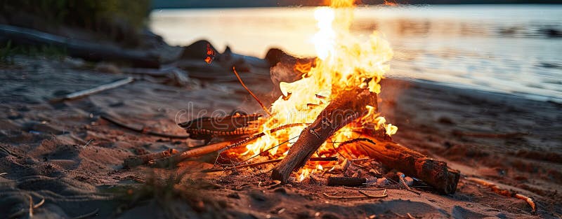 Burning Fire in Sand, Campfire by the River Stock Image - Image of ...