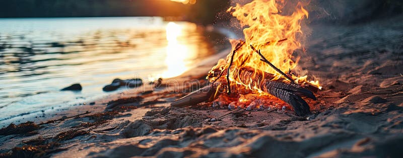 Burning Fire in Sand, Campfire by the River Stock Image - Image of ...